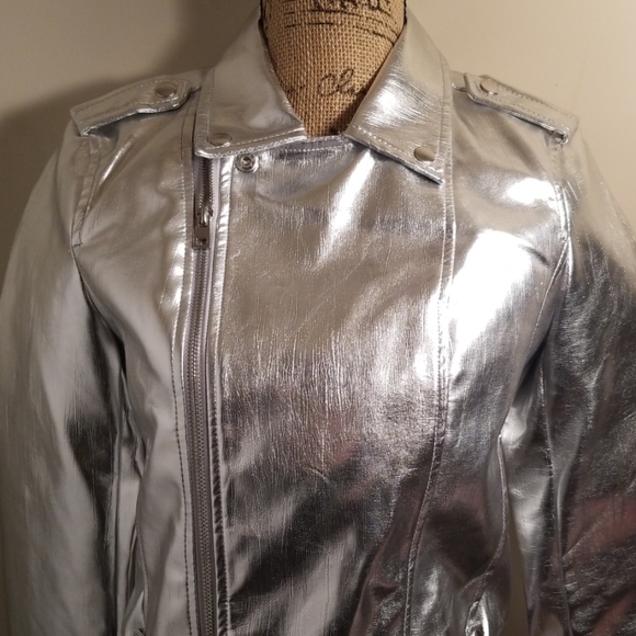 Outer Edge | Jackets & Coats | Silver Metallic Faux Leather Moto Jacket ...